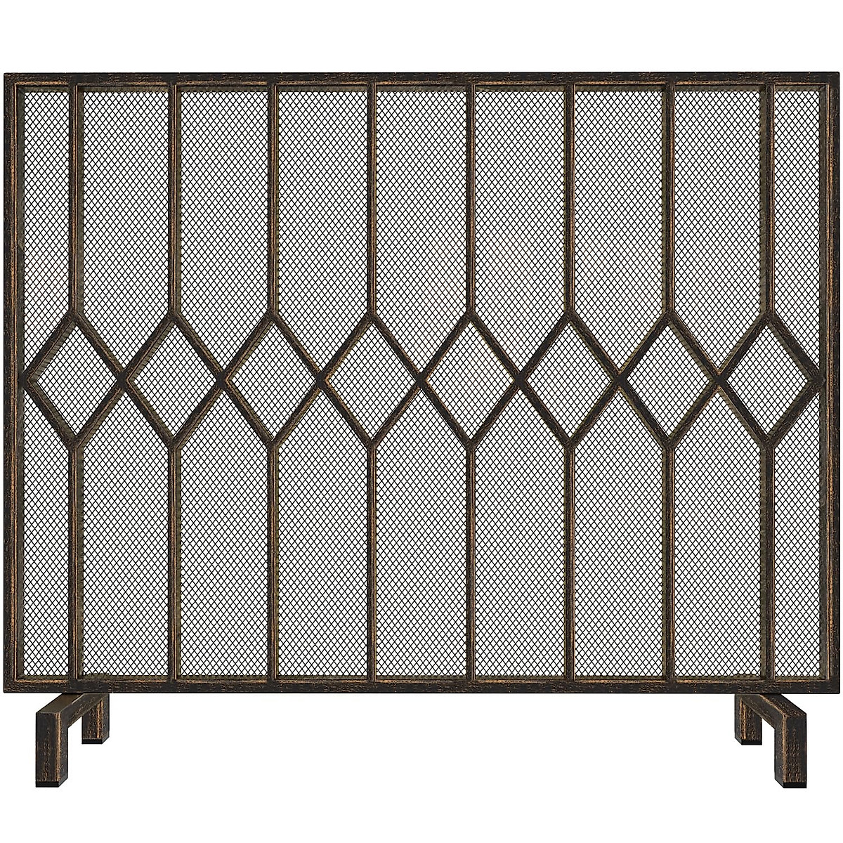 AMAGABELI GARDEN & HOME Decorative Fireplace Screen for Wood Burning Fireplace Stove Wrought Iron Flat Single Panel Stand Alone Cover, Fire Spark Guard Safety Mesh Modern Indoor Outdoor Brass Bronze