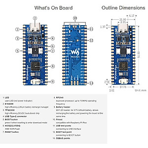 Waveshare RP2040-Plus with Header, Pico-Like MCU Board Based on Raspberry Pi RP2040 Chip, Dual-core Arm Processor, Onboard 4MB Flash, USB-C Connector, Recharge Header, and Higher Current DC-DC Chip