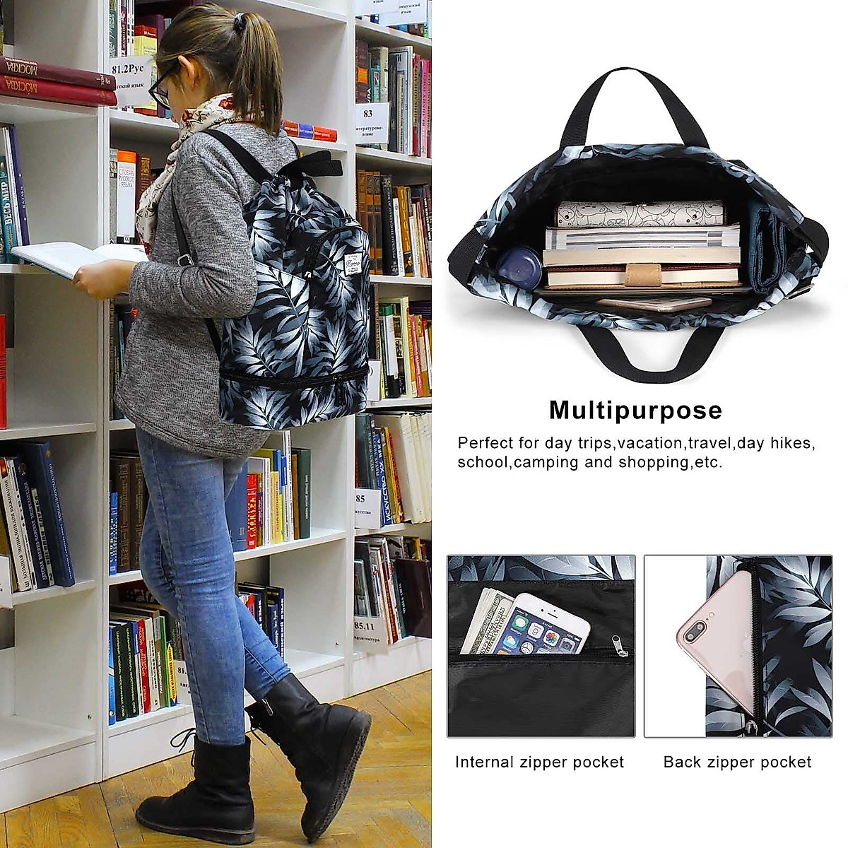 Kamo Drawstring Backpack Bag - Sport Swimming Yoga Backpack with Shoe Compartment, Two Water Bottle Holder for Men Women Large String Backpack Athletic Sackpack for Travel