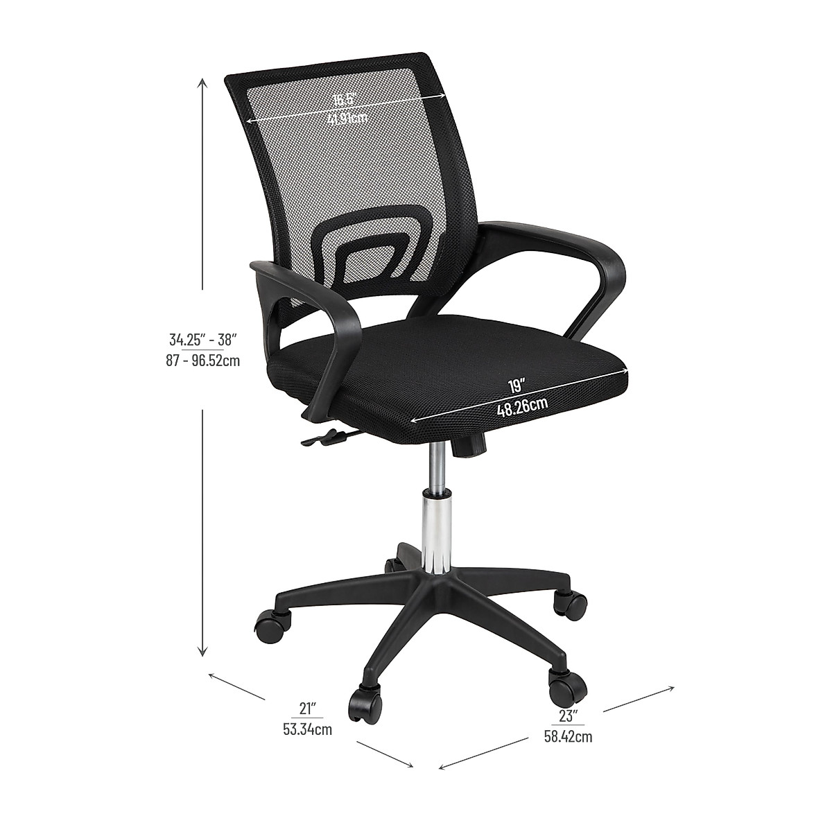 Mind Reader Office Chair with Wheels, Height Adjustable, Desk Chair, Office, 23" L x 21" W x 34.25-38" H, Black