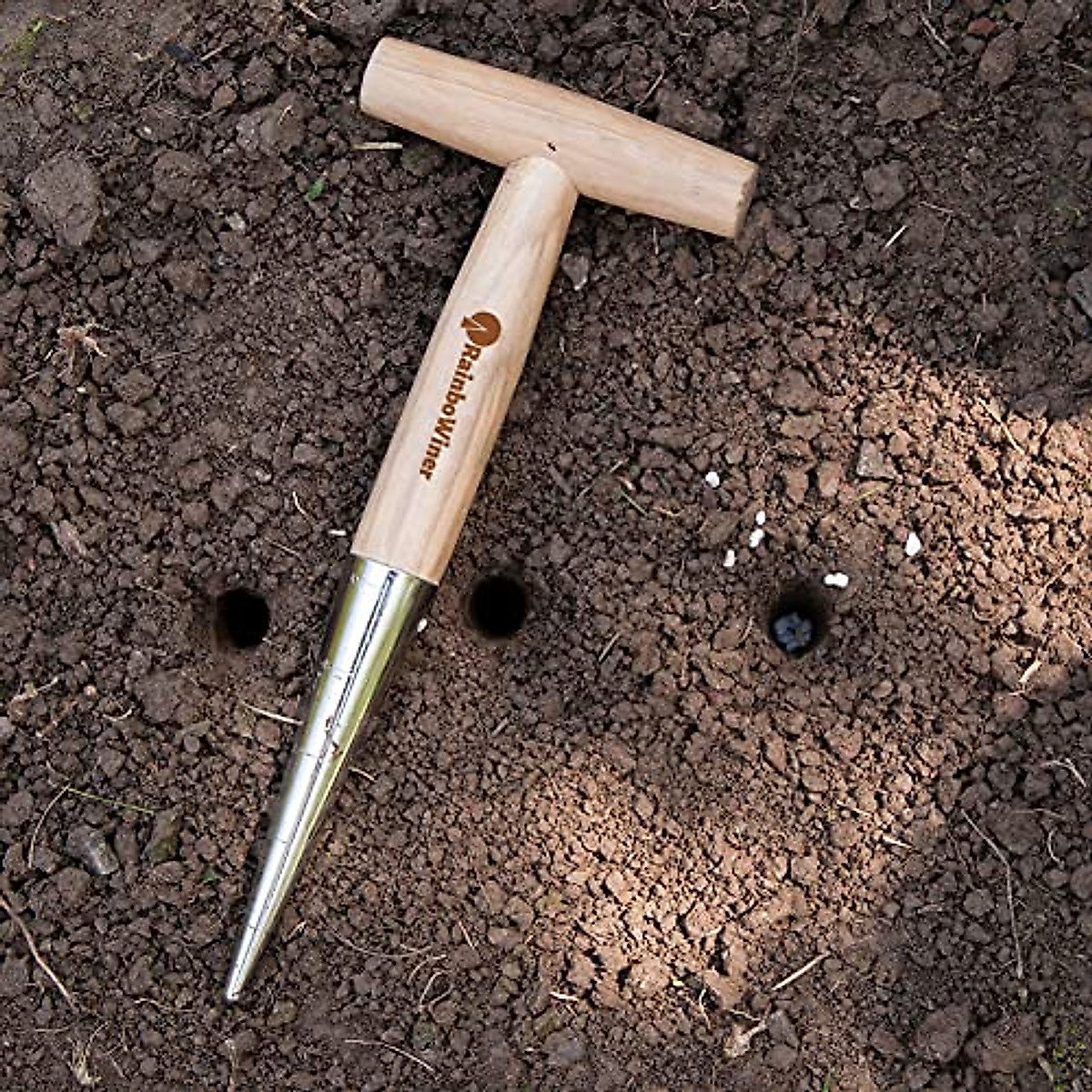 RainboWiner Garden Hand Dibber with Measurements, Bulb Planter Tool - 11 Inch Wooden Handle Stainless Steel Handheld Gardening Dibbler for Garlic Tulip Daffodil Vegetable Seed Planting