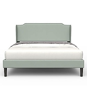 BONSOIR Queen Size Bed Frame Traditional Upholstered Low Profile Platform with Wing Back and Nail Trim Headboard/No Box Spring Needed/No Bed Skirt Needed/Soft Linen Fabric Upholstery/Light Green