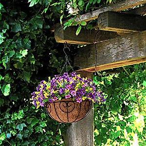 Homsunny Artificial Hanging Flowers in Basket Outdoor Indoor Patio Lawn Garden Decor, Hanging Daisy Basket with 12inch Coconut Lining Chain Flowerpot (Dark Purple)
