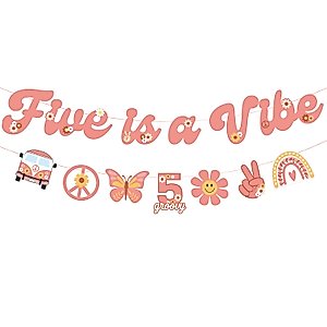 Five is A Vibe banner Groovy 5th Birthday Decorations Hippie Banner Boho Decor Retro Flower Daisy 60's 70's Theme for Kids Girl Boy Bday Party Supplies