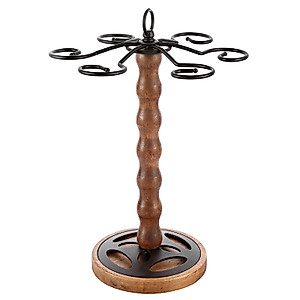 MyGift Brown Solid Wood and Antique Bronze Metal Tabletop Wine Glass Holder with Scrollwork Design, Free Standing Stemware Display Stand, Holds 6 Glasses