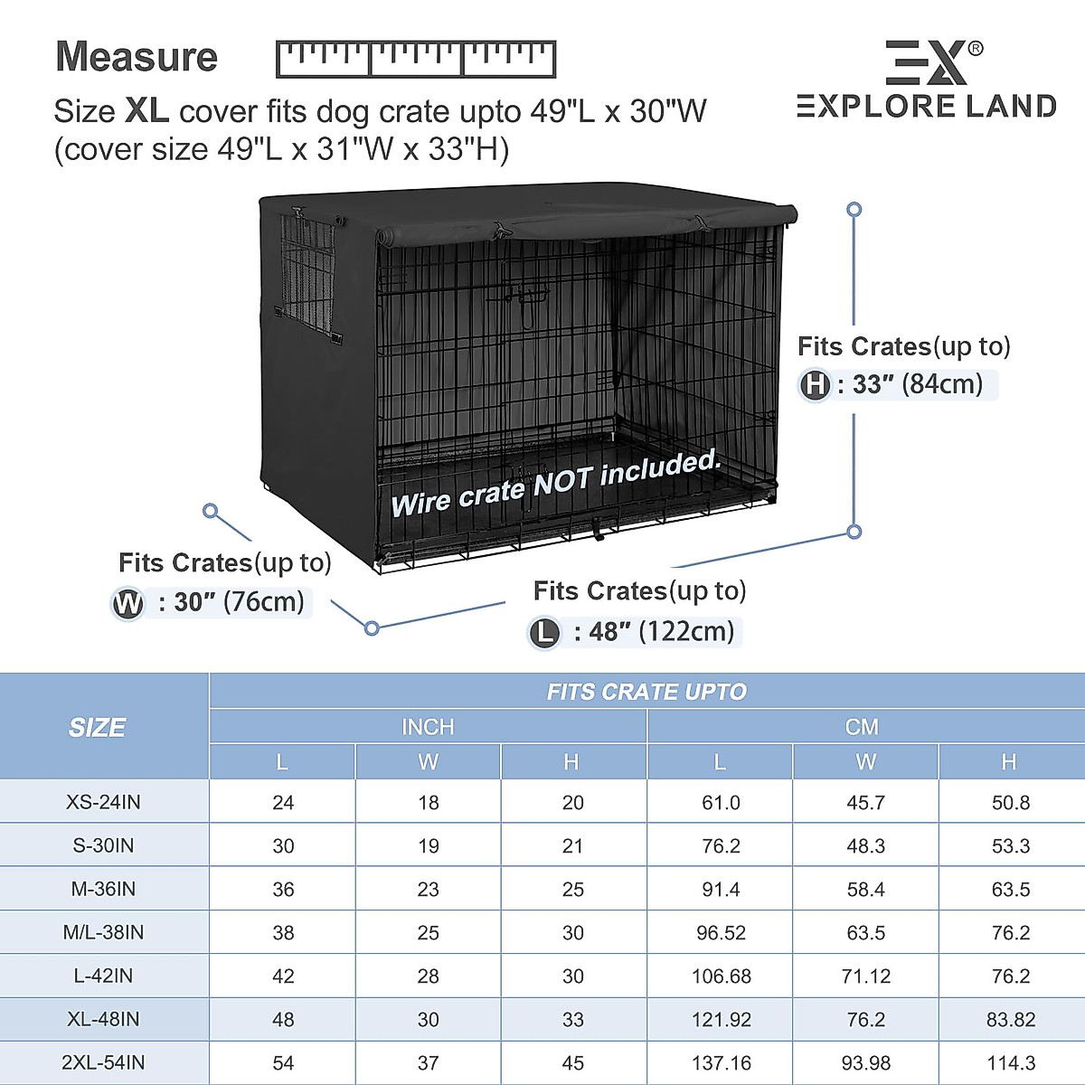 Explore Land 48 inches Dog Crate Cover Heavy Duty Polyester Pet Kennel Sunshade Universal Fit for Wire Cage (Black)