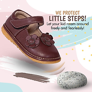 Little Mae's Boutique Mary Jane Brown Three Flower Squeaky Shoes for Toddler Girls, Ideal Toddler Walking Shoes with Removable Squeaker and Adjustable Strap - Flexible Sole Baby Shoes (4)