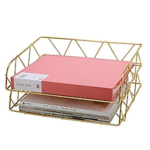 PAG 2 Packs Desktop File Organizer Metal Stackable Horizontal Letter Tray Paper Holder Rack, Gold