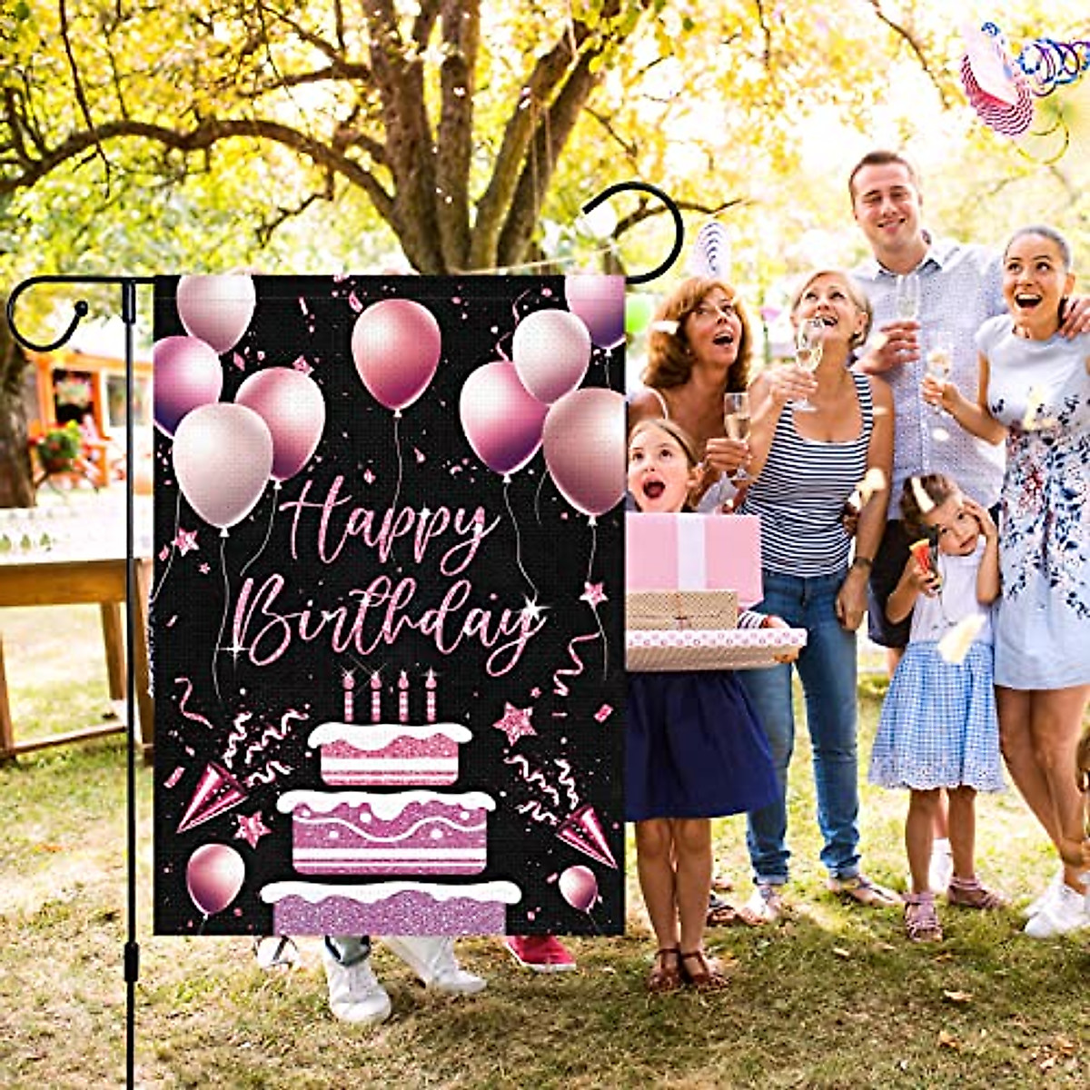 Happy Birthday Garden Flag Balloons Pink Birthday Cake Yard Flags 12x18 Inch Double Sided Burlap Banner for Farmhouse Outdoor Prime Birthday Party Celebration Decoration(ONLY FLAG)