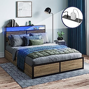 BELLEZE Full Size Bed Frame with 2-Tier Storage Headboard and 4 Drawers Under Bed, Sturdy Metal Platform Bed with Remote Control RGB LED Light and Ultra-Fast USB Type A/C Outlet, No Box Spring Needed
