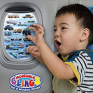 Cars and Trucks Window Clings for Kids & Toddlers (by Jesplay USA - Reusable Window Stickers Gels & Decals) Puffy Sticker Activites for Car Plane Home - Police, Race Cars, Monster, Tow, Fire Truck