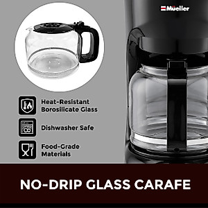 Mueller 12-Cup Drip Coffee Maker, Auto Keep Warm Function, Smart Anti-Drip System, with Permanent Filter and Borosilicate Glass Carafe, Clear Water Level Window Coffee Machine