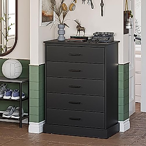 Hasuit Black Dresser for Bedroom, Tall 5 Drawer Dresser with Sturdy Base, Wooden Large Capacity Storage Cabinet, Chest of 5 Drawers for Closet, Living Room, Hallway