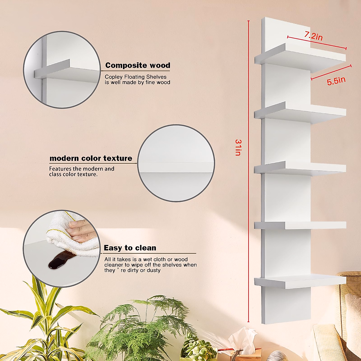 Homaterial 5 Tier Wall Shelves - White Vertical Book Shelf for Wall Storage, Modern Floating Shelves for Bedroom Living Room Vanity