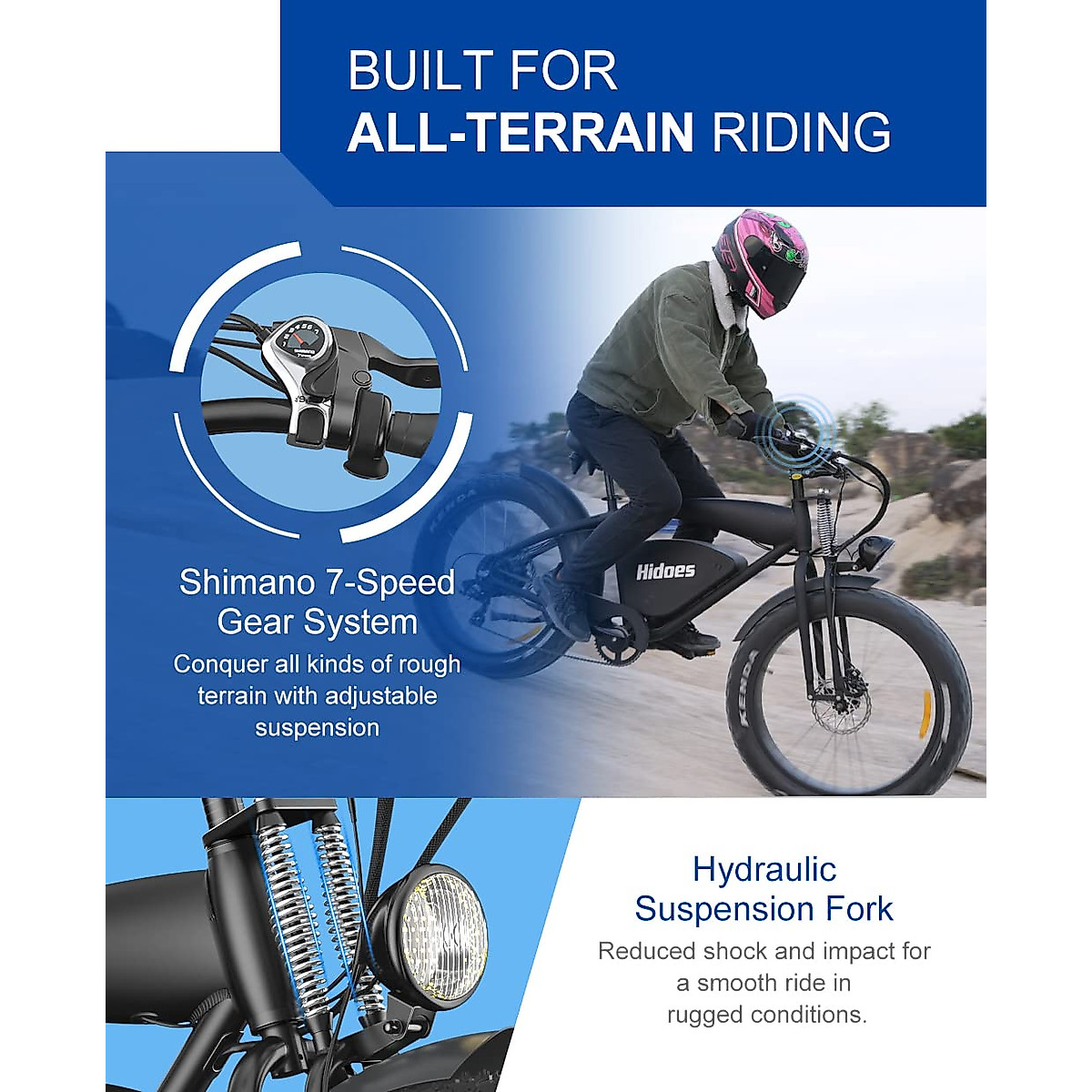 Kanpe Electric Bicycle for Adults with 48V 18.2Ah Battery,1200W Motor 34Mph,Hidoes 26" * 4" E Bike for Adults Electric Mountain Bike for Men,Commuter E-Bike Fat tire Electric Bike Shimano 7-Speed