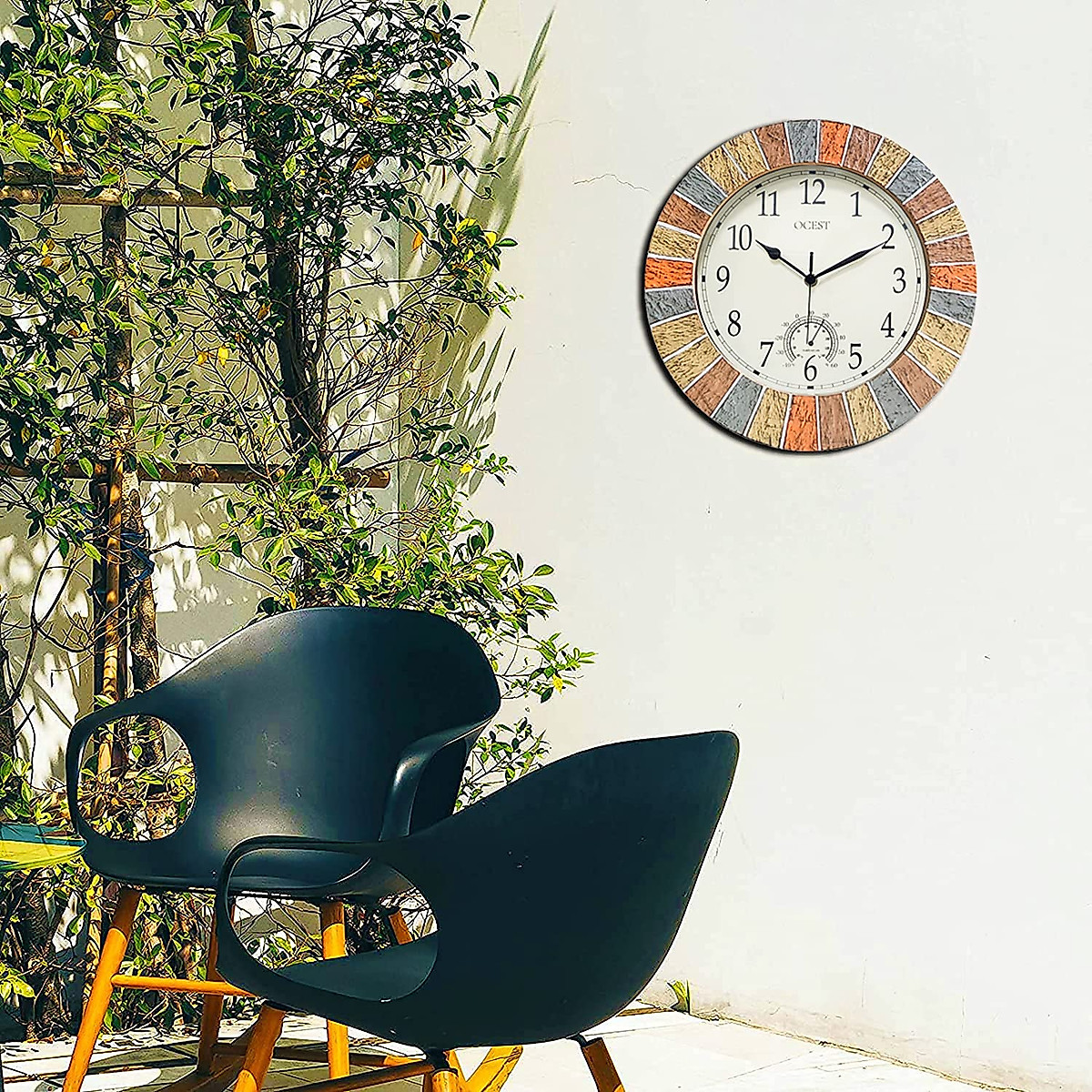 OCEST 13 Inch Large Outdoor Indoor Clock, Waterproof Wall Clock with Thermometer, Weather-Resistant Non-Ticking Battery Operated Decor Clock for Patio, Pool, Lanai, Fence, Porch, Garden (Yellow)