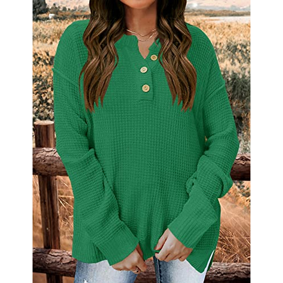 ZESICA Women's 2023 Casual V Neck Sweater Loose Long Sleeve Waffle Knit Button Henley Pullover Jumper Top,Green,Small