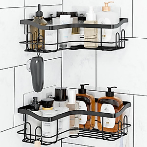 Adhesive Shower Shelves, 2 Pack Large Capacity Hanging Shower, Rustproof No Drilling Home Decor Shelf for Bathroom Storage, Bathroom Shower Shelves Organizers (Black-Triangle-Two)