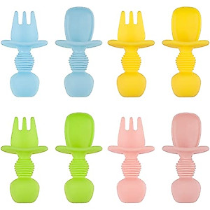 8 Pack Baby Utensils, Silicone Baby Led Weaning Utensils Toddler Utensils for Self Feeding Baby Forks and Spoons First Stage Chewable Utensils Set for Age 6 Months+ (Multicolor)