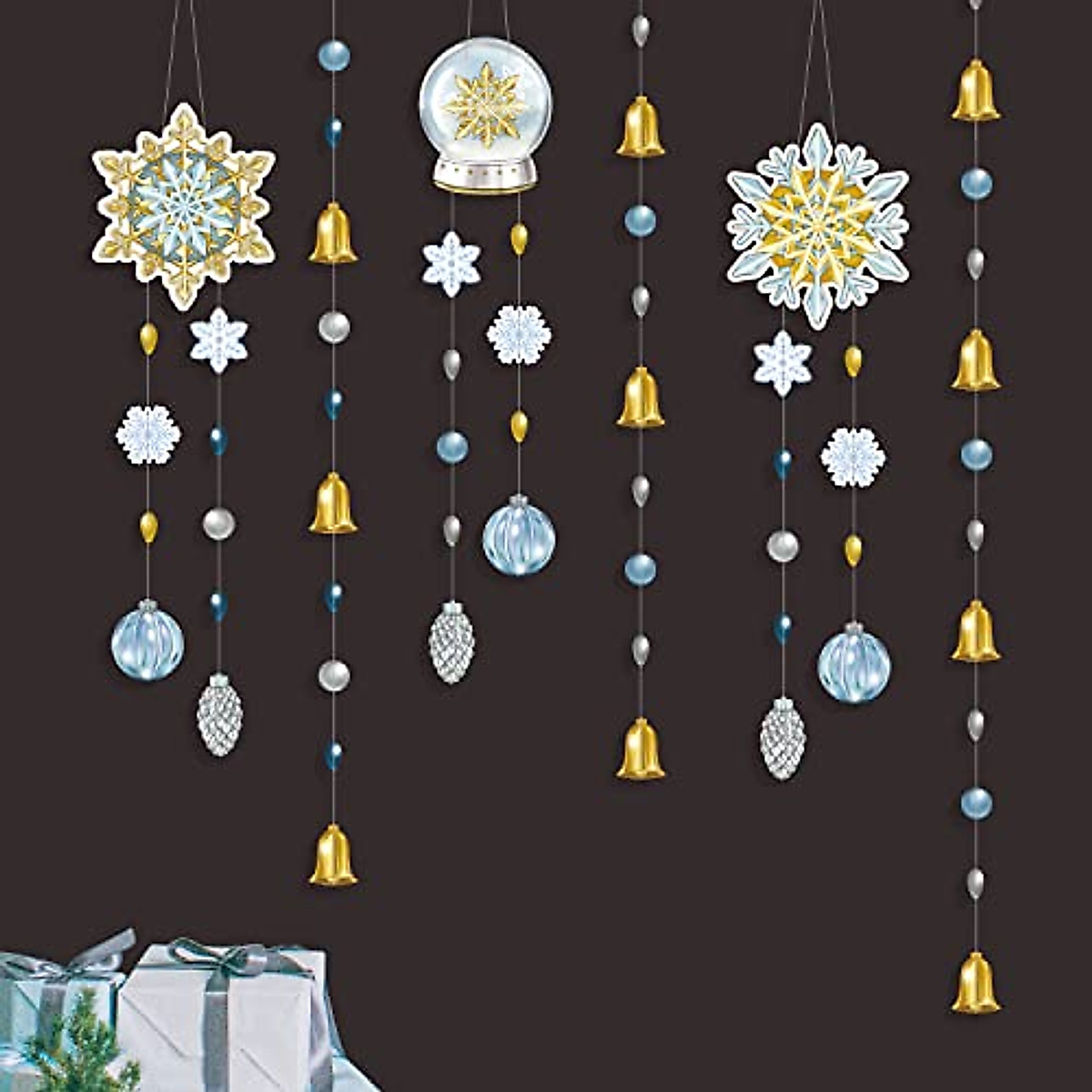 6 pcs Gold Blue White Snowflake Garland for Christmas Decorations Winter Wonderland Birthday Banner Hanging Snow Flake Decor Frozen Backdrop Streamer for Wedding Bridal Baby Shower Party Supplies