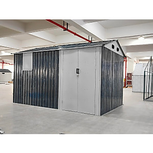 Schuppen Mit Fenstern, 8x12ft Doppelt Verschlossenes Metall-gartenhaus, Werkzeugschuppen-abstellraum Im Freien Mit Schrägdach, Für Hinterhof, Garage, Rasen, Grau