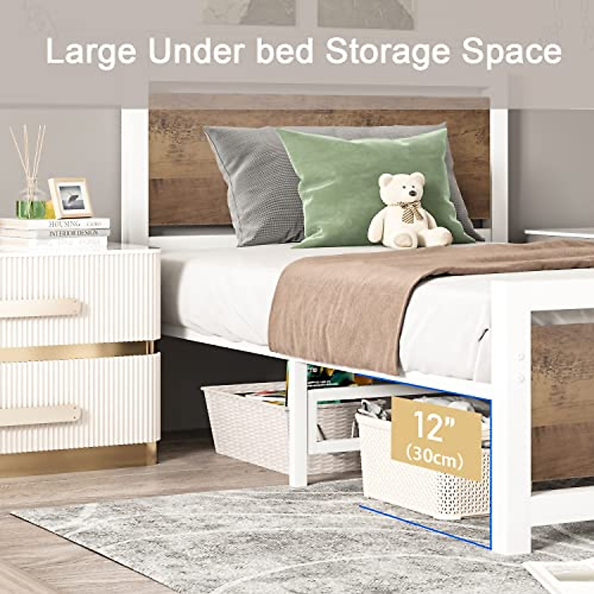 4 EVER WINNER Twin Bed Frames Wood with Headboard, Twin Size Platform Metal Bed Frame, Heavy Duty Steel Slat Twin Metal Bed Frames, No Box Spring Needed, Mattress Foundation, Anti-Slip, Easy Assembly