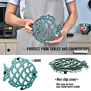 Sungmor Cast Iron Cute Fish Trivet for Wood Stove - Dia-7.5 Inch Dark Green Finish - Rustproof Round Stands for Hot Pots/Dishes/Pans - Decorative Metal Table Trivet for Kitchen Cooking