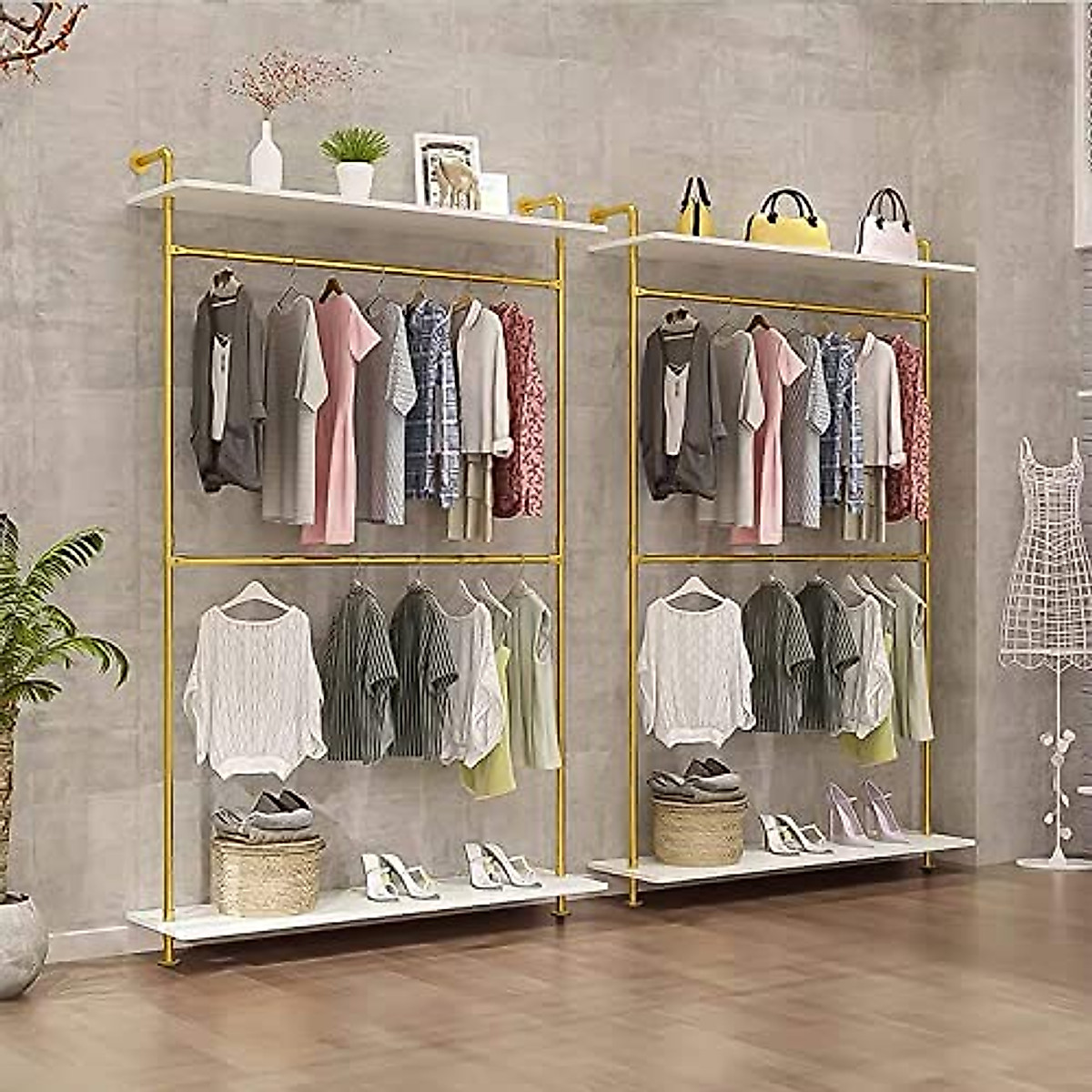lesolar Industrial Pipe Double Hanging Rods Clothing Rack Gold Clothing Rack,90.55" H Wall Mounted Garment Rack Storage Clothes Hanging Shelf Suitable for Bedroom, Retail Clothing Store, Boutique
