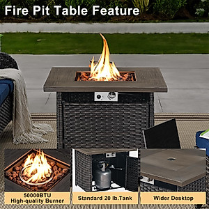 Wicker Patio Furniture Set- 4 Pieces Outdoor Swivel Rocker Chairs with 50,000 BTU Fire Pit Table,PE Rattan Outdoor Conversation Set for Garden Porch Deck