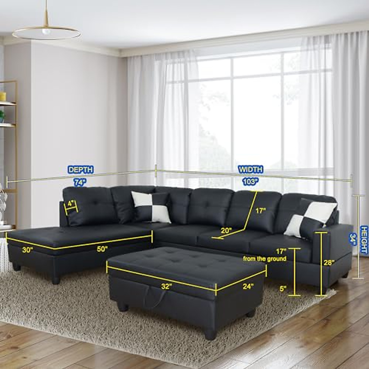 ERYE Faux Leather Corner Sectional Sofa Couch with Chaise and Storage Ottoman, L-Shaped Upholstered Sofa&Couch W/ 2 Pillows for Home Office Apartment Living Room Furniture Sets