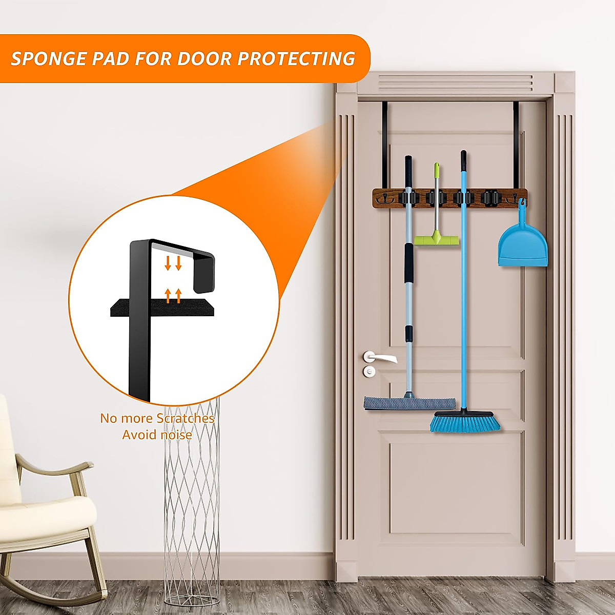 UKQRRTC Broom Mop Holder Over The Door 4 Slots Broom Storage Rack with 2 Hooks Drilling Free Mop Broom Organizer for Laundry Room Garage Kitchen Bathroom