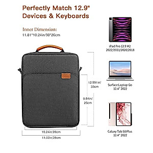 MoKo 12.9 Inch Tablet Sleeve Bag, Compatible with iPad Pro 12.9 M2 2022/2021/2020, Surface Laptop Go 12.4", Galaxy Tab S8+/S9+ 12.4" 2022/2023, Handle Carrying Case with Shoulder Strap, Black & Gray