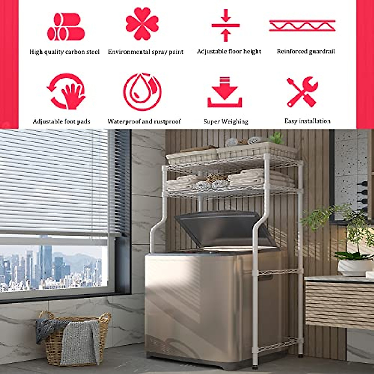 BKGDO Washer Storage Frames Floor Standing for Over Toilet,Round Tube Iron Tube Frame Washinghine Rack,Adjustable Partition Waterproof Washinghine Rack Bathroom Storage/Black