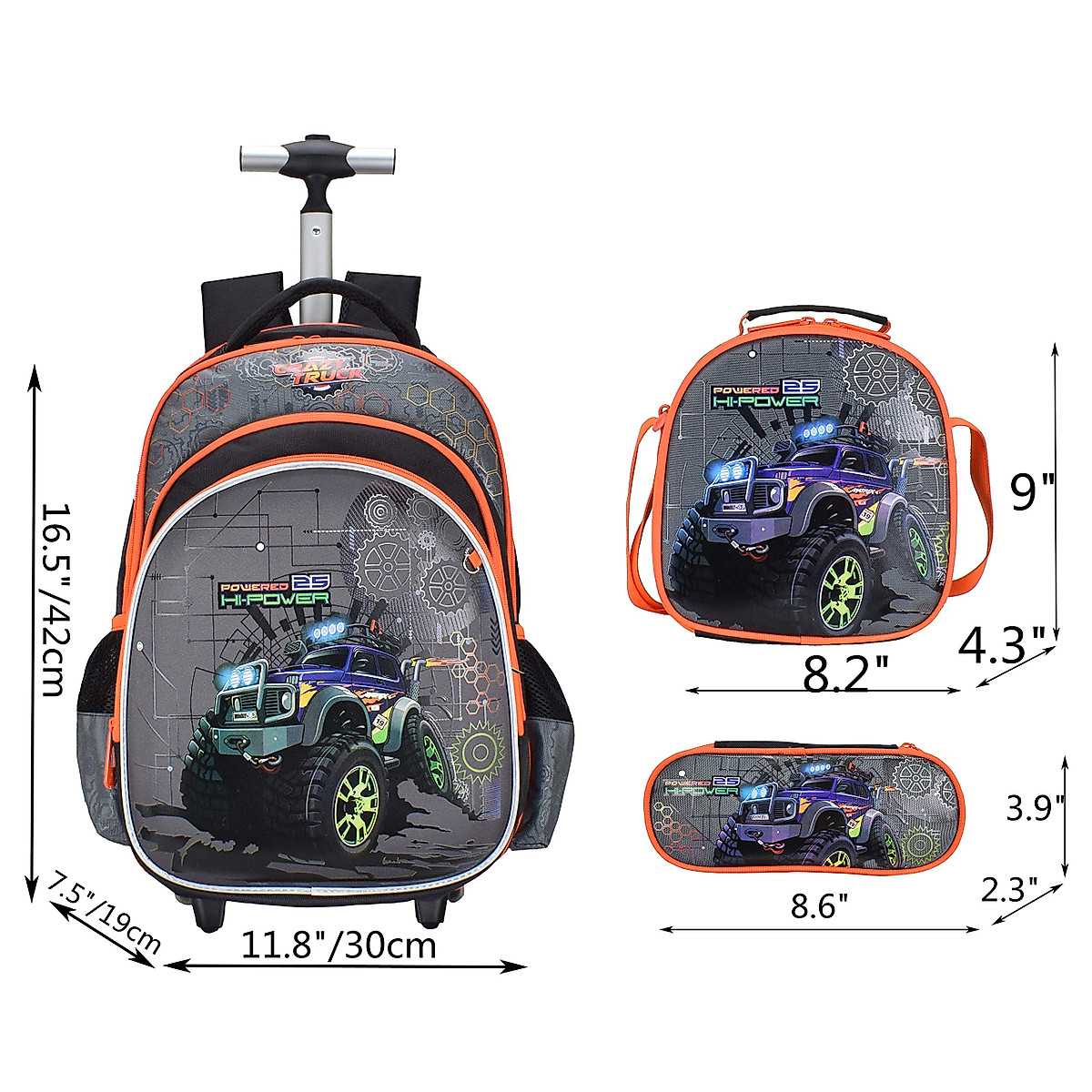 Meetbelify 3Pcs Rolling Backpack for Boys with Lunch Bag Pencil Case School Bags Wheeled Backpack