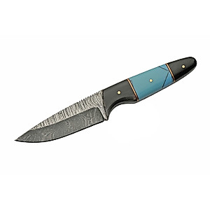 Szco Supplies 7.5" Horn/Turquoise Handle Damascus Steel Outdoor Hunting Knife with Sheath