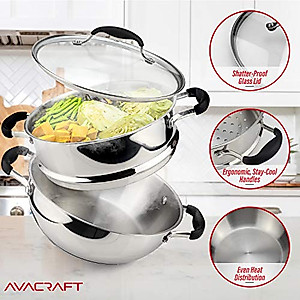 AVACRAFT 18/10, 3 Piece Stainless Steel Steamer Cooking Pot Set, Steamer for Cooking, Steamer Pan Set with Glass Lid, Momo Maker, Induction Steamer Pot