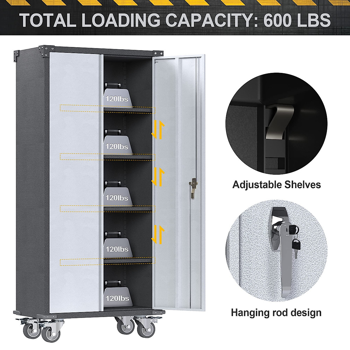 71'' Tall Metal Storage Cabinet with Wheels, Rolling Garage Cabinet with Lockable Doors and Adjustable Shelves, Metal Utility Cabinet for Garage and Home, Easy-Assembly