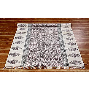 Casavani Hand Block Printed Cotton Dhurrie Geometric Brown & Black Tassel Rug Easy Care Washable Rugs for Doormat Entryway Living Room Bedroom Hallway Balcony 9x9 Feet Square