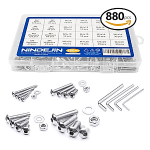 NINDEJIN Metric Button Head Socket Cap Screw Bolts & Flat Washers & Nuts Assortment Kit M2 M3 M4 M5 Stainless Steel Machine Screws Set and Wrench, 880 PCS