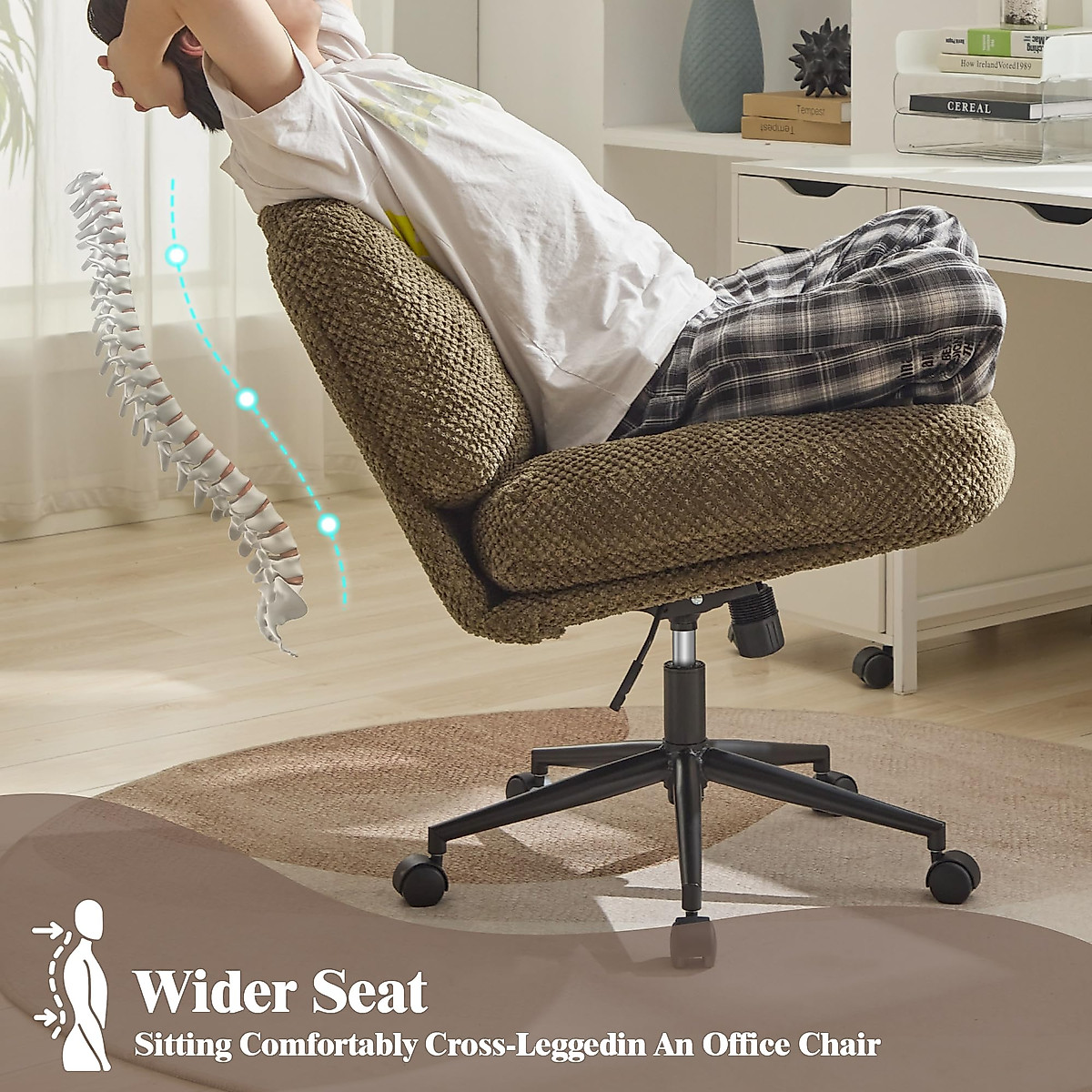 Uiesno Criss Cross Chair on Wheels Wider & Thickened, Cross Legged Office Chair Comfortable Adjustable Swivel, Armless Ergonomic Desk Chair Vanity Accent Chair Comfy Chairs for Home Office, Green