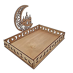 Likense Ramadan Wood Tray, Artistic Eid Mubarak Party Serving Display Decoration, Large Capacity Food Serving Tableware Tray Tabletop Decor for Table, Dessert Tray, Ramadan Serving Plate