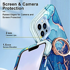 Hekodonk iPhone 13 Pro Max Case - Heavy Duty, Rotating Ring Kickstand, Tempered Glass Protector, Shockproof, Blue Marble