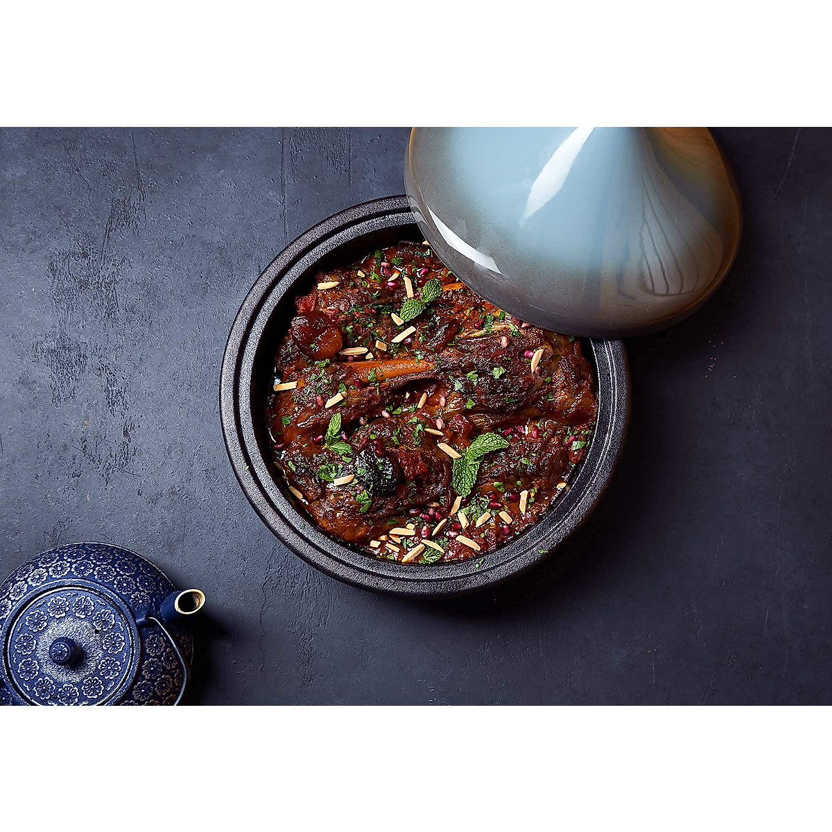 Kook Moroccan Tagine, Enameled Cast Iron Cooking Pot, Tajine with Ceramic Cone-Shaped Closed Lid, 3.3 QT (Stone Blue)