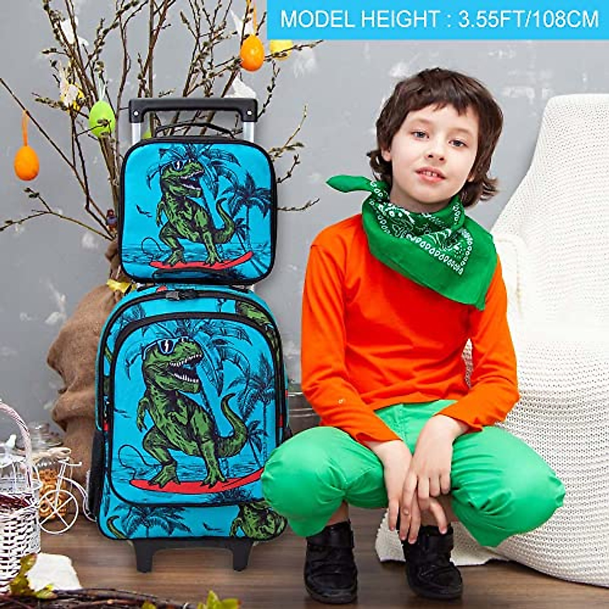 3PCS Rolling Backpack for Boys, Kids Roller Wheels Bookbag, Wheeled School Bag with Lunch Bag - Dinosaur