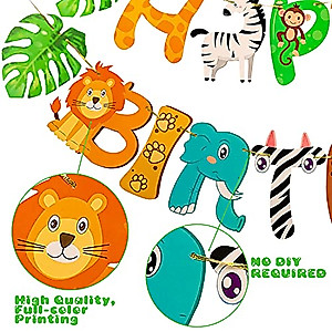 Safari Animal Happy Birthday Banner, Jungle Theme Party Decoration for Safari Zoo Forest Animal Party, Kids Wild One Birthday Baby Shower Supplies