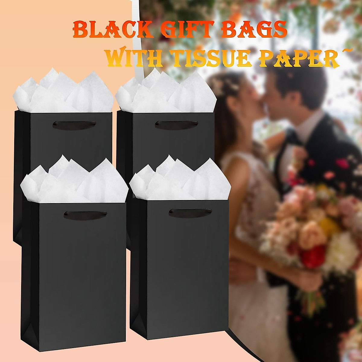 SHIPKEY 10 Pcs Luxury Black Bags with Tissue Paper, Gift Bags for Men, Groomsmen Proposal Bags 8x4x11 Kraft Paper Bags with Handles Bulk| Black Paper Bags, Black Gift Bags