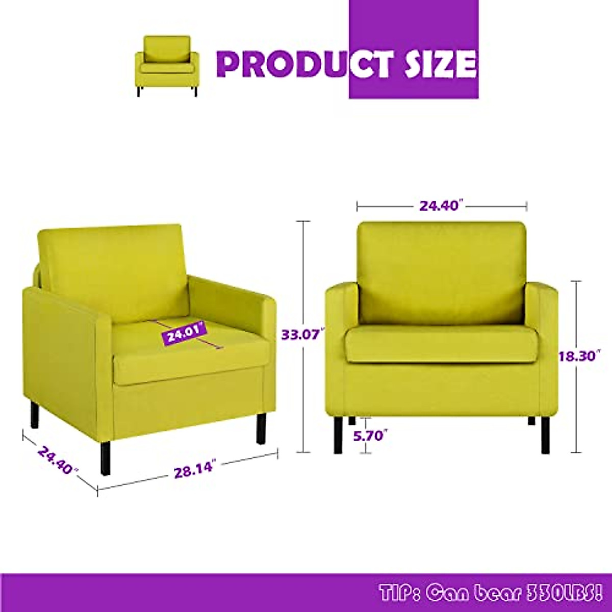 TYBOATLE Modern Upholstered Linen Fabric Accent Arm Chairs, Living Room Single Sofa Chair with Metal Legs, Comfy Reading Lounge Armchair for Small Spaces, Apartment, Bedroom, Office (Green)