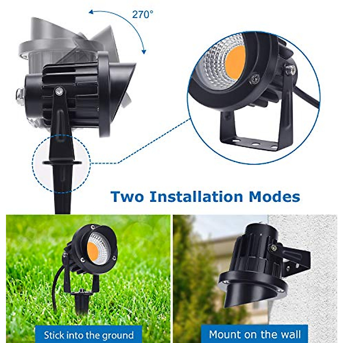 SUNVIE 15W Landscape Lighting LED Spotlight Outdoor 120V AC Waterproof Landscape Lights Spot Lights for Yard with Spiked Stake Warm White Flag Lights Garden Decorative Lamp with US 3-Plug in (2 Pack)