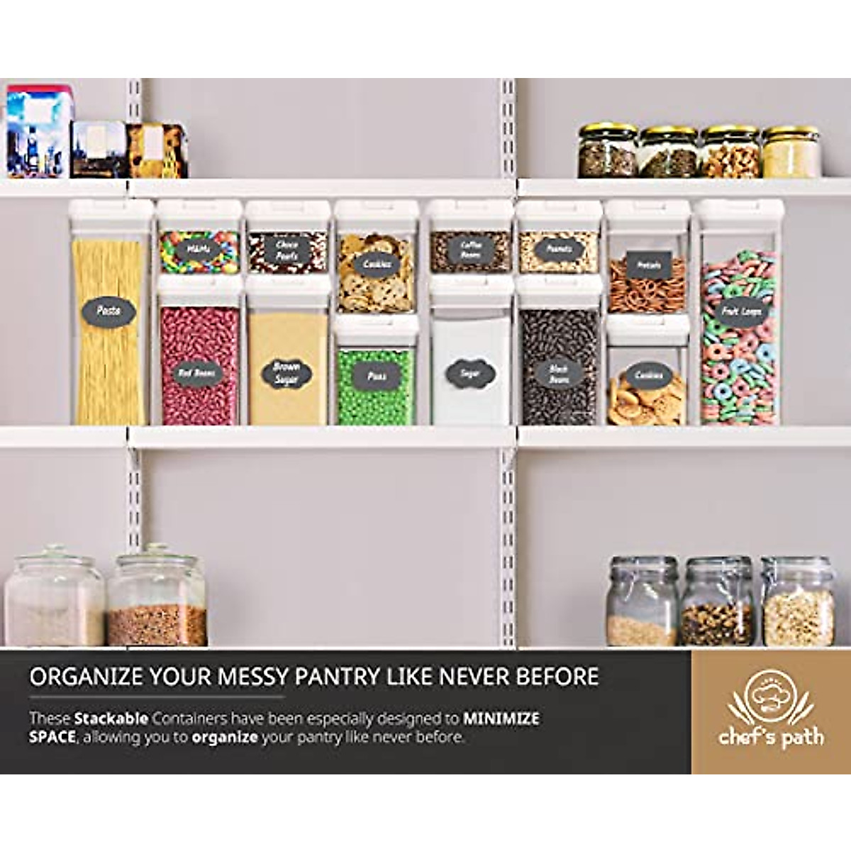 Chef's Path Airtight Food Containers with Easy Lock Lids - 7 PC BPA Free Plastic Containers for Kitchen Pantry Organization and Storage, Ideal for Cereal, Sugar & Dry Food - Accessories Included