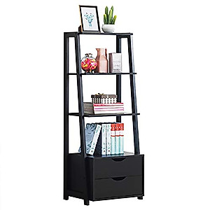 Tangkula Ladder Shelf Bookcase, Free Standing 4-Tier Bookshelf with 2 Storage Drawers, Modern Storage Display Shelving with Drawers, Ideal for Bathroom Home Office (Black)